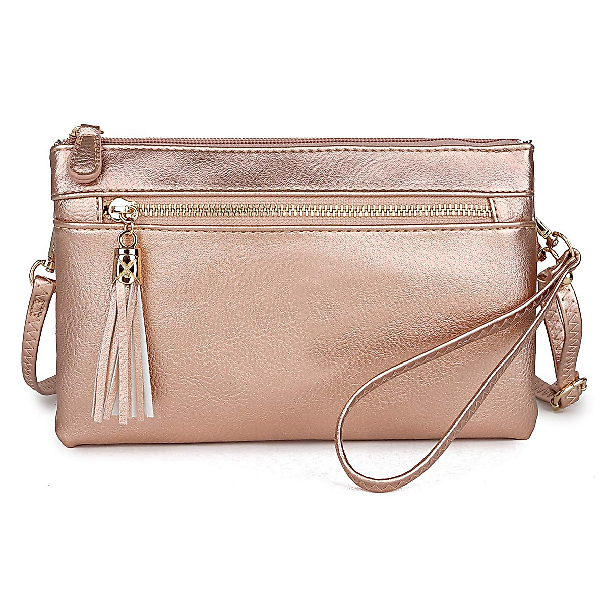 Women's Lightweight Multi Compartment Wristlet Clutch Wallet Crossbody Bag - (WU021-ROSE GOLD)