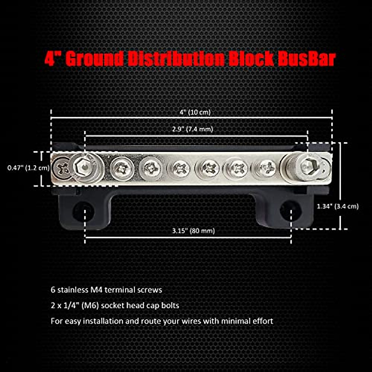 6 Terminals Bus Bar, Ampper 4" Ground Distribution Block Brass Battery BusBar Junction for Car Vehicle Rv Truck Marine Boat Audio Amplifier and More (Black)
