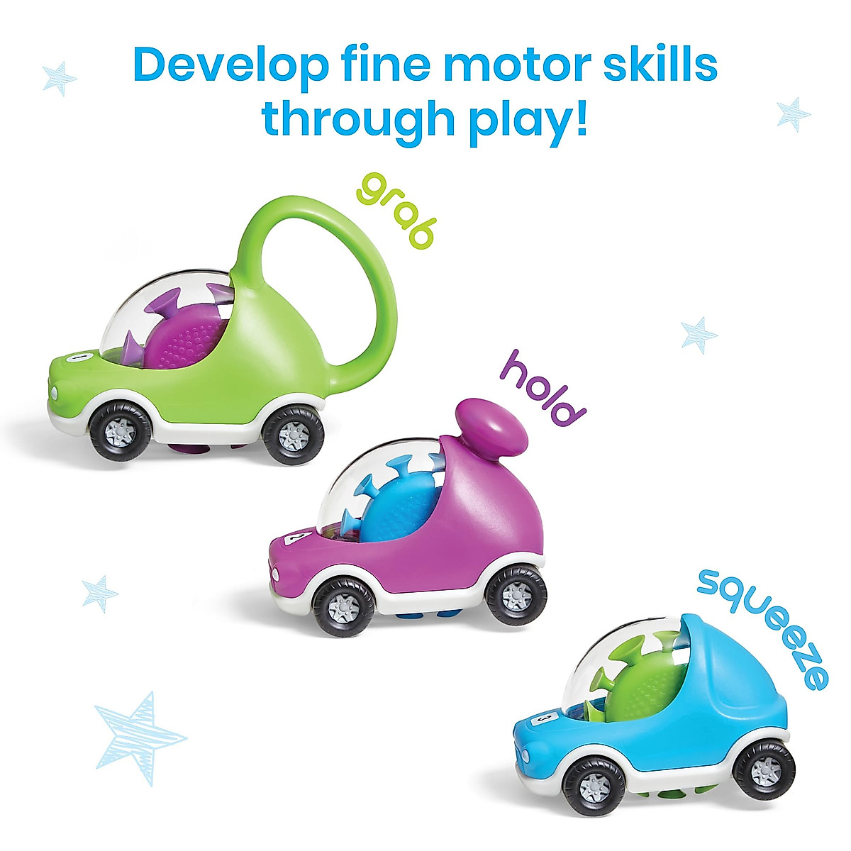 Hand2Mind Popping Fidget Cars - Suction Cup Toys for Fine Motor Skills, Toddler & Preschool Sensory Play, Anxiety Relief (Set of 3)