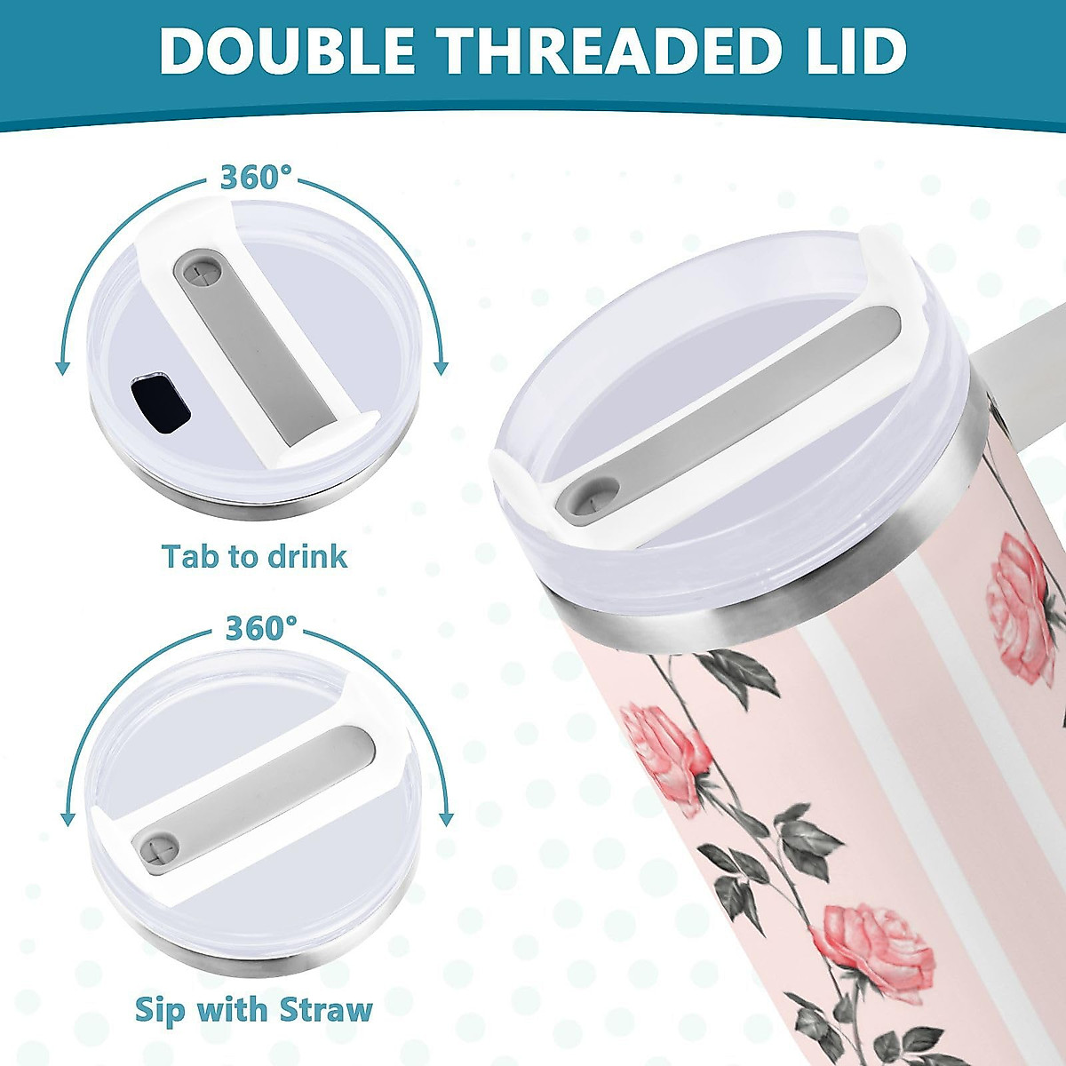 Adornlife Pink Striped Rose 30 oz Tumbler with Handle and Straw Lid, 100% Leak-proof Travel Coffee Mug, Stainless Steel Insulated Cup For Beverages, Cupholder Friendly