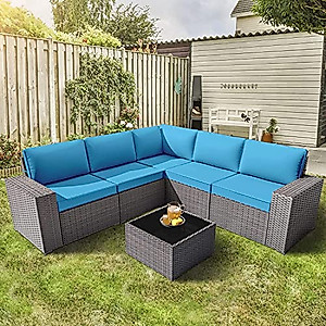 Grezone 6 Pieces Patio Outdoor Furniture Sets All Weather Wicker Sectional Sofa Couch Lawn Sectional Furniture with Washable Couch Cushions and Black-Glass Table (Blue)