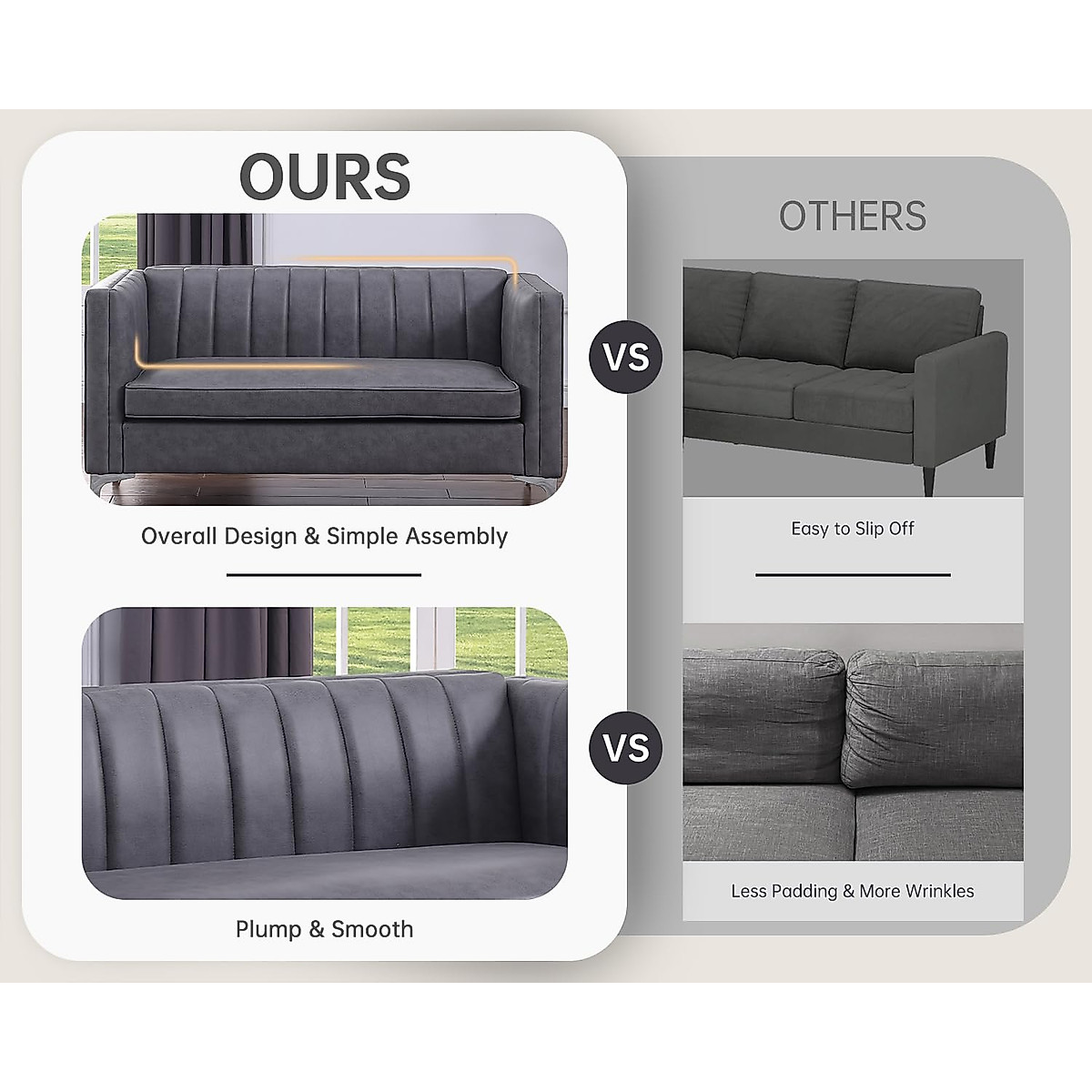 Morden Fort Living Room Chair and Sofa Couch Set, 2 Pieces of Modern Minimalist Upholstered Faux Leather Furniture with Metal Legs for Bedroom, Apartment, Lounge Room Grey