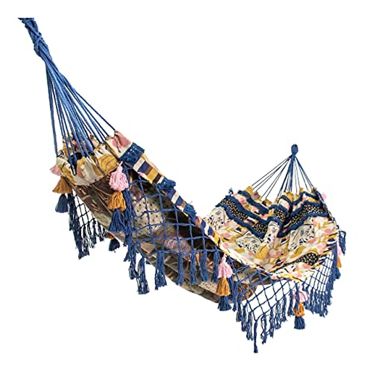 Equip Jacquard Bohemian Macrame Hammock, Blue Patchwork Print, Size 126 in. L x 59 in. W
