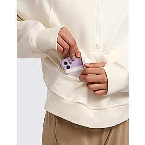 CRZ YOGA Womens Fleece Lined Half Zip Hoodies Pullover Oversized Long Sleeve Casual Workout Sweatshirts with Thumb Holes White Apricot Medium