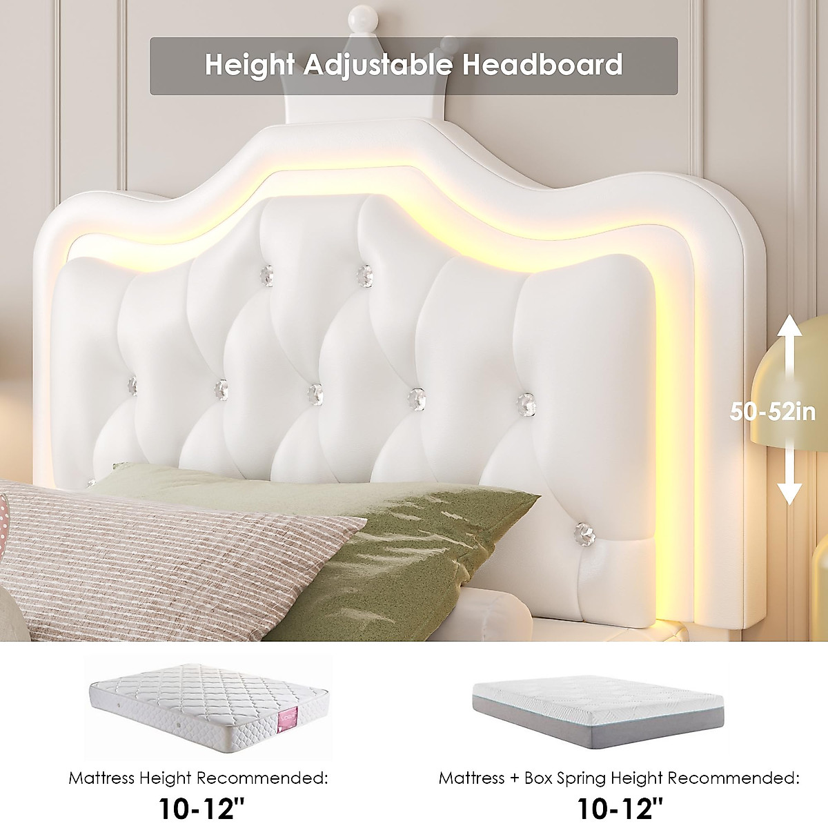 Keyluv Twin Upholstered LED Bed Frame with Storage Drawer, Leather Princess Platform Bed with Adjustable Crystal Button Tufted Crown Headboard, Solid Wooden Slats Support, No Box Spring Needed, White