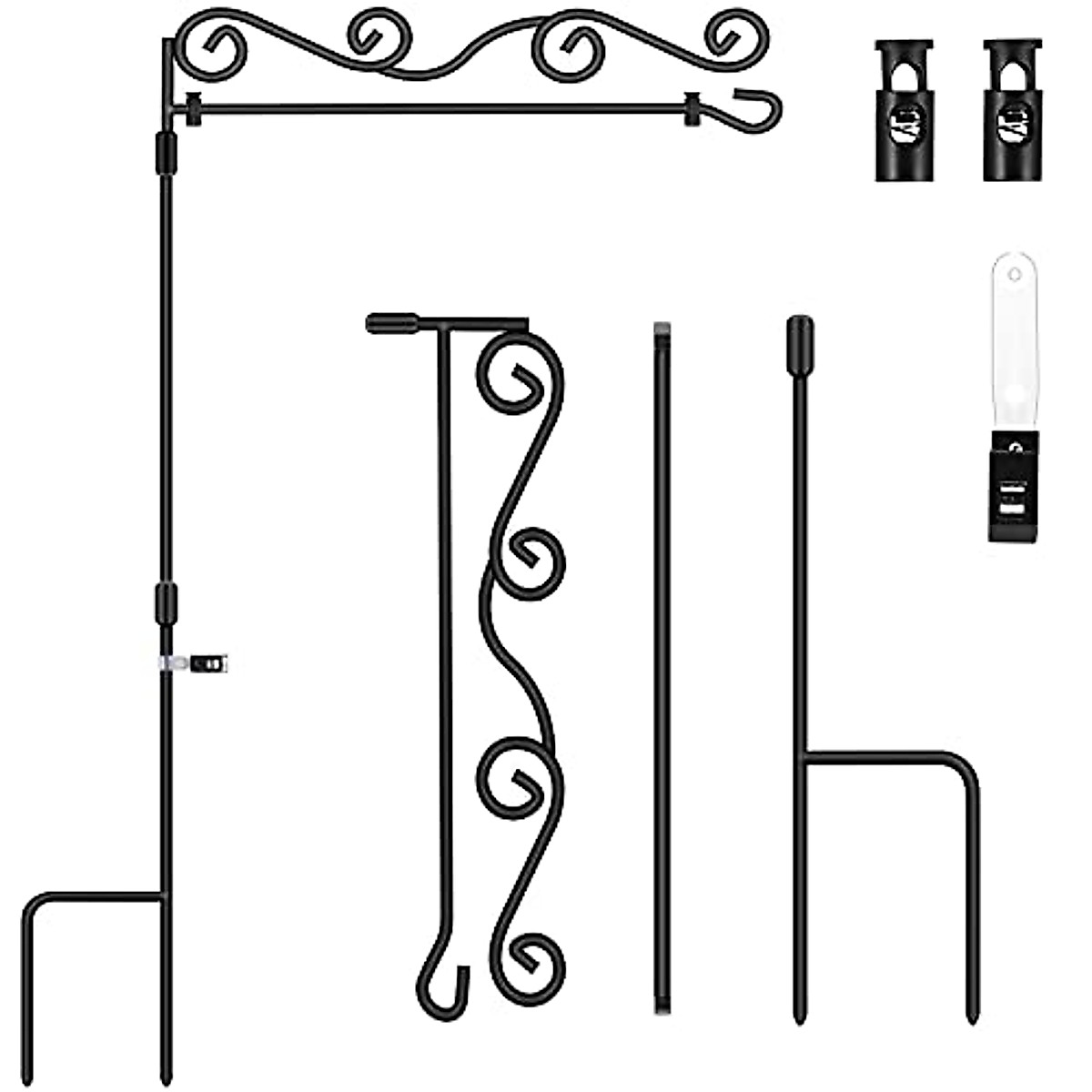 Garden Flag Pole Stand Holders, BONWIN Thickened Flagpole Stands for Garden Yard Lawn Flags, Powder Coated Weather-Proof Paint Metal with Spring Stoppers & Anti-Wind Clip, 36.34" H x 16.02" W (2 PACK)
