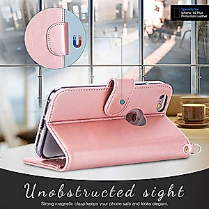 FYY Case for iPhone 6 Plus/6s Plus, PU Leather Wallet Phone Case with Card Holder Flip Protective Cover [Kickstand Feature] [Wrist Strap] for Apple iPhone 6 Plus/6s Plus 5.5" Rose Gold