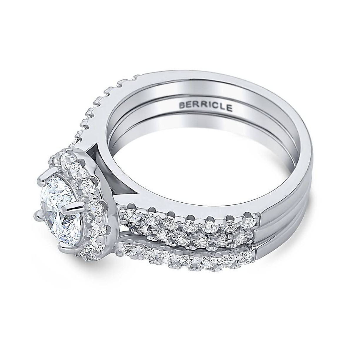 BERRICLE Sterling Silver Halo Wedding Engagement Rings Round Cubic Zirconia CZ Insert Ring Set for Women, Rhodium Plated Size 8