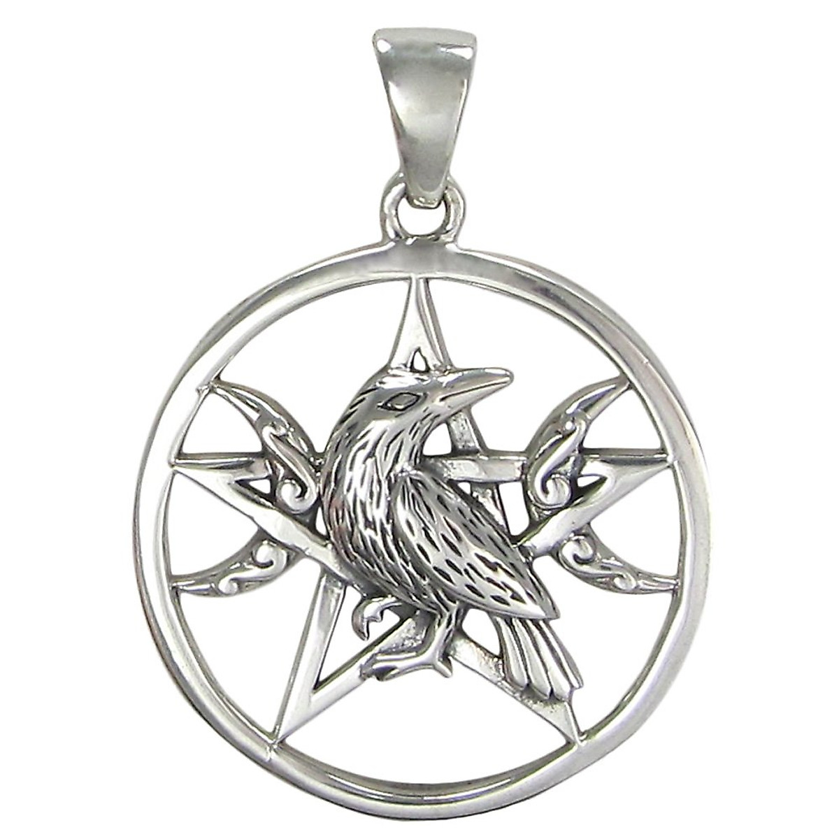 Moonlight Mysteries Raven Pentacle Pendant - Sterling Silver Moon Crow Wiccan Pentagram Jewelry (1 1/8 Inch Diameter)
