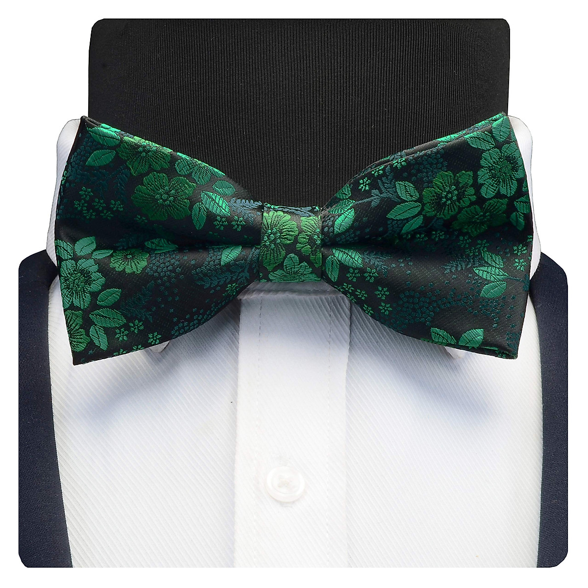GUSLESON Green Floral Bow Tie Pre-tied Silk Bowtie and Pocket Square Cufflink Set(0582-10)