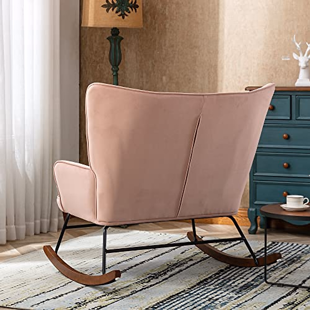 HomVent Velvet Nursery Rocking Chair Modern Upholstered Double Rocker Armchair with Tufted High Backrest Relax Rocking Loveseat Chair Accent Glider Rocker for Living Room, Bedroom, Baby Room, Pink
