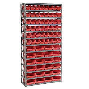 Global Industrial 13 Shelf Steel Shelving with (72) 4" H Plastic Shelf Bins, Red, 36x12x72