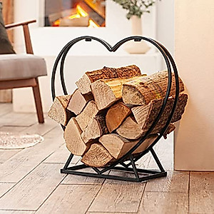 Westcharm 21.5" Metal Heart Shaped Firewood Log Rack | Black Firewood Holder Storage Rack | Fireplace Wood Storage Shelf for Outdoor Indoor Décor - Small