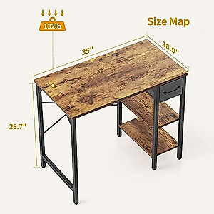 CubiCubi Computer Desk, 35 Inch Small Home Office Desk with Drawer Storage Shelves for Small Space, Writing Study Desk, Rustic Brown
