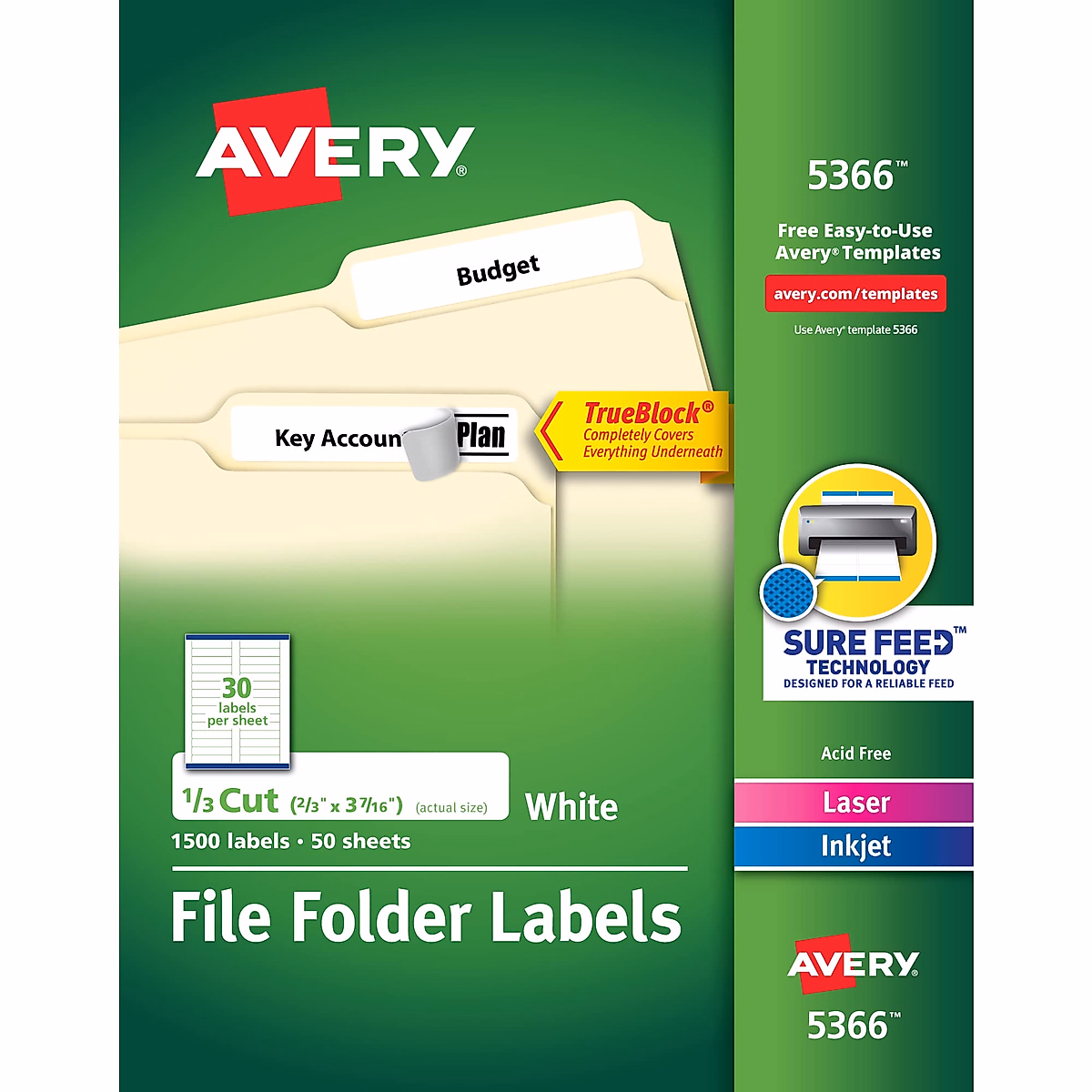 Avery File Folder Labels for Laser and Ink Jet Printers with TrueBlock Technology, 3.4375 x .66 inches, White, Box of 1500 (5366)