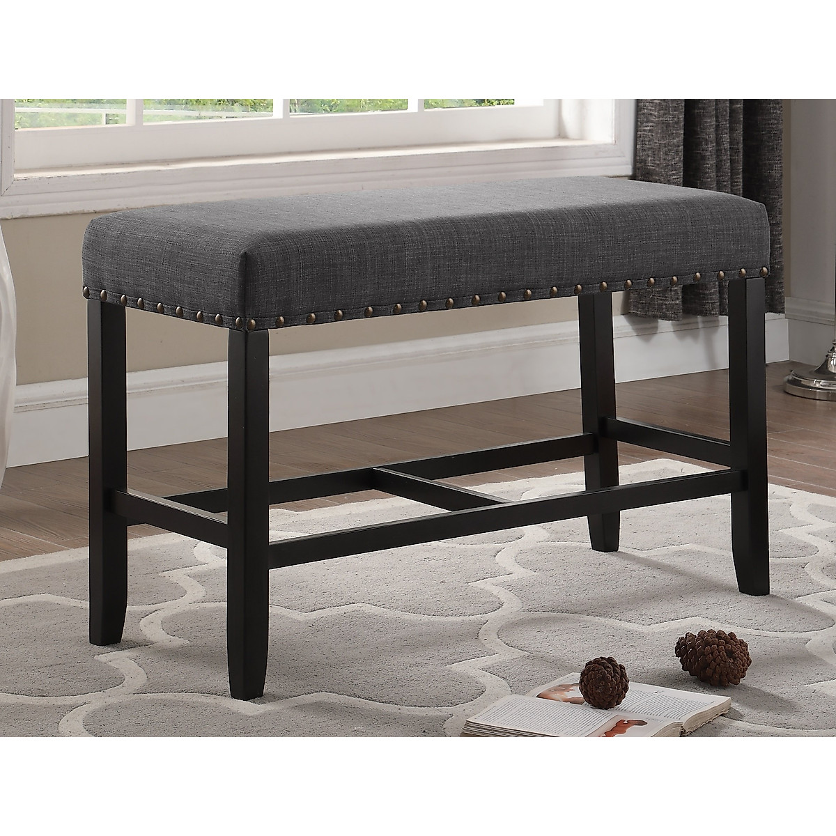 Roundhill Furniture Biony Fabric Counter Height Dining Bench with Nailhead Trim, Grey