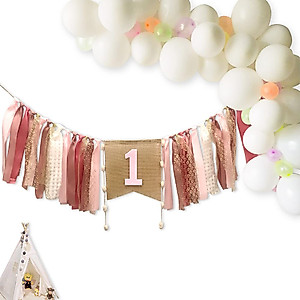 1st Birthday Banner For Baby, AULEGE First Birthday High Chair Banner, Party Theme Pull Flag for Baby 1st Birthday Party Supplies, Coral Pink