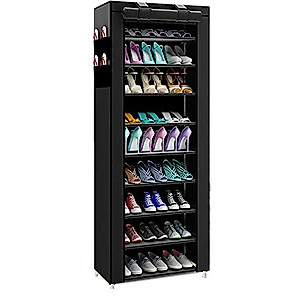 TXT&BAZ 27-Pairs Tool Free Easy Assembled Shoe Rack with Nonwoven Fabric Cover (10-Tiers Black)