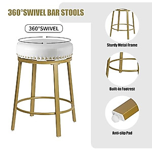 FLYZC White & Gold Bar Stools Set of 2 Counter Height 24 Inches Swivel Bar Stools for Kitchen Counter Island Backless Modern Gold Barstools Upholstered Faux Leather Round Counter Stools, White+Gold