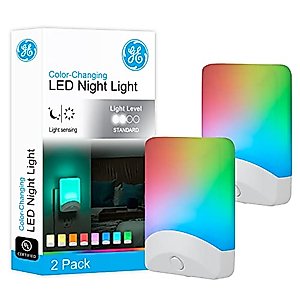 GE Color-Changing LED Night Light, Plug Into Wall, Dusk to Dawn Sensor, 8 Vibrant Colors, Ambient Lighting, Kids Adults Bedroom, Bathroom, Nursery, Kitchen, Hallway, 2 Pack, 46722-P1