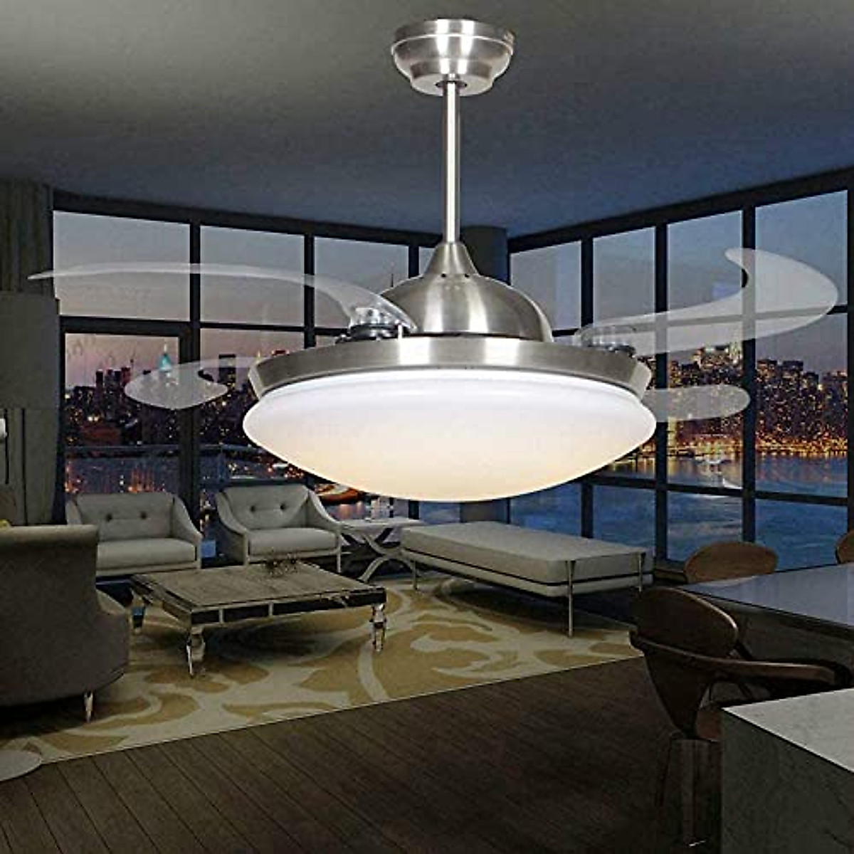 YEELED Light 42" Invisible Reversible Ceiling Fan with LED Light and Remote, 4 Retractable Blades Fan Chandeliers for Bedroom Livingroom, Indoor Ceiling Light Kits with Fans(42 Inch, Silver)