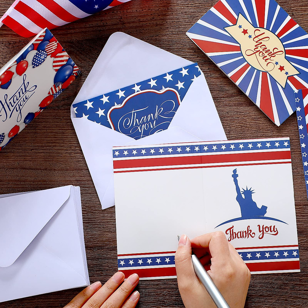 Ctosree 160 Sets Patriotic Thank You Cards with Envelopes Include 160 Pcs Bulk American Flag Notecards with 160 Pcs White Envelopes American Flag Greeting Cards for Veterans Memorial Independence Day