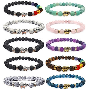 SAMOCO 10PCS 8MM Chakra Bead Bracelet Elephant Gifts for Women Men Handmade Gemstone Bracelets Stretch Bracelet Crystal Lava Rock Reiki Yoga Balancing Bracelets