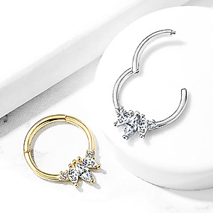 14k Solid Gold 0.09ct Marquise/ 0.04ct Round Diamond Cluster Clicker Huggie Hoop, Helix Daith Tragus Cartilage Septum Ring, Gift For Women. (Rose Gold, 14K Gold)