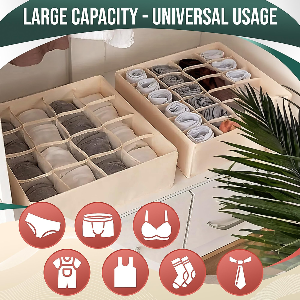 2Pcs Dresser Drawer Organizers - Underwear Drawer Organizer Sock Organizer Closet Organization and Storage Drawers Organizer - 40 Cell Sock Drawer Organizer Divider Closet Drawers Underwear Organizer