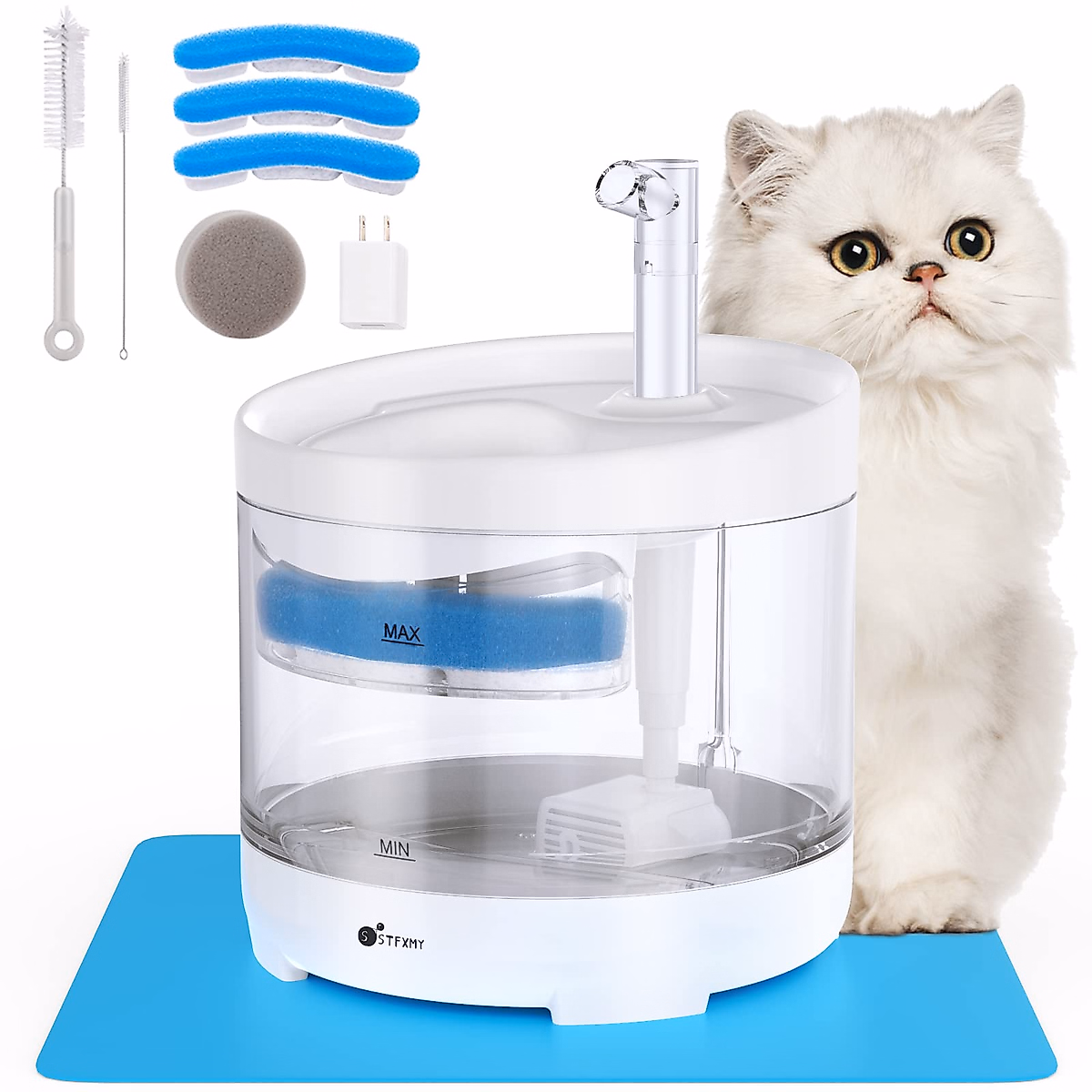 STFXMY Cat Water Fountain, 54oz/1.6L Pet Water Fountain Indoor, Ultra Quiet Automatic Pet Drinking Fountain with 3 Replacement Filters, Cleaning Brushes Kits and 1 Silicon Mat