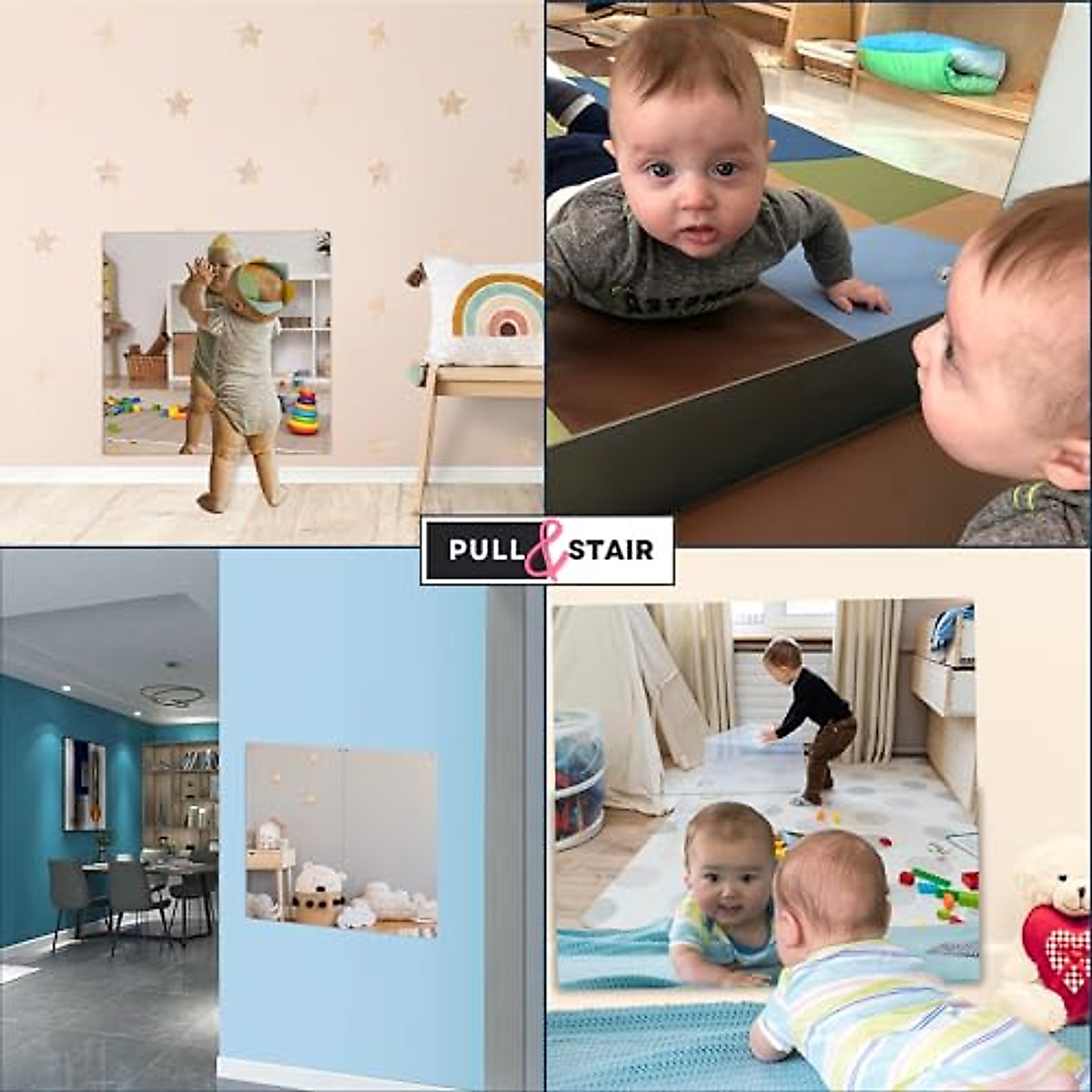 Pull and Stair Unbreakable Kids Wall Mirror - Heavy Duty Plexiglass Acrylic, Rounded Corners, Hardware Included - 2 pcs Set