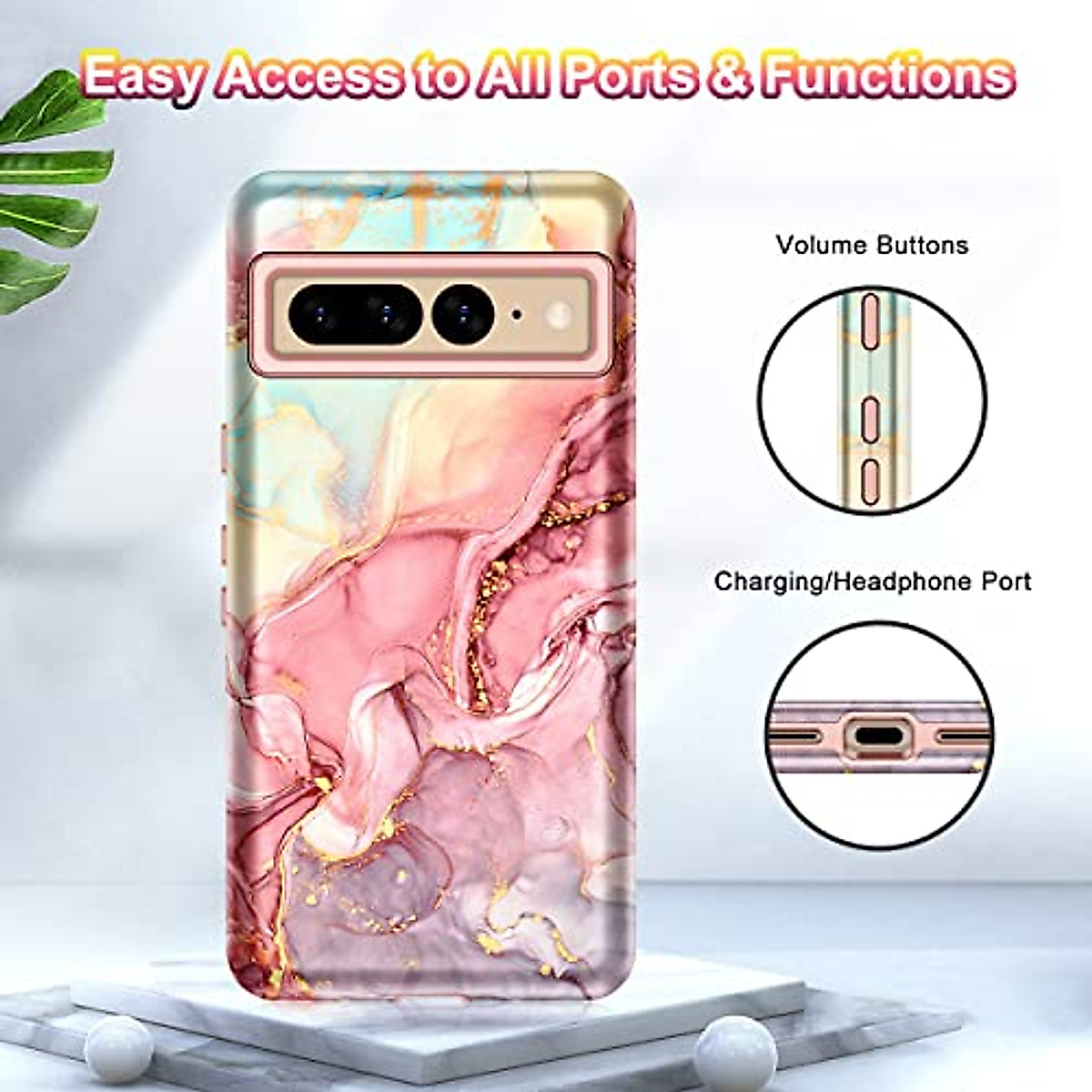 Btscase Case, Marble Pattern 3 in 1 Heavy Duty Shockproof Full Body Rugged Hard PC+Soft Silicone Drop Protective Women Girl Covers for Google Pixel 7 Pro (2022), Rose Gold