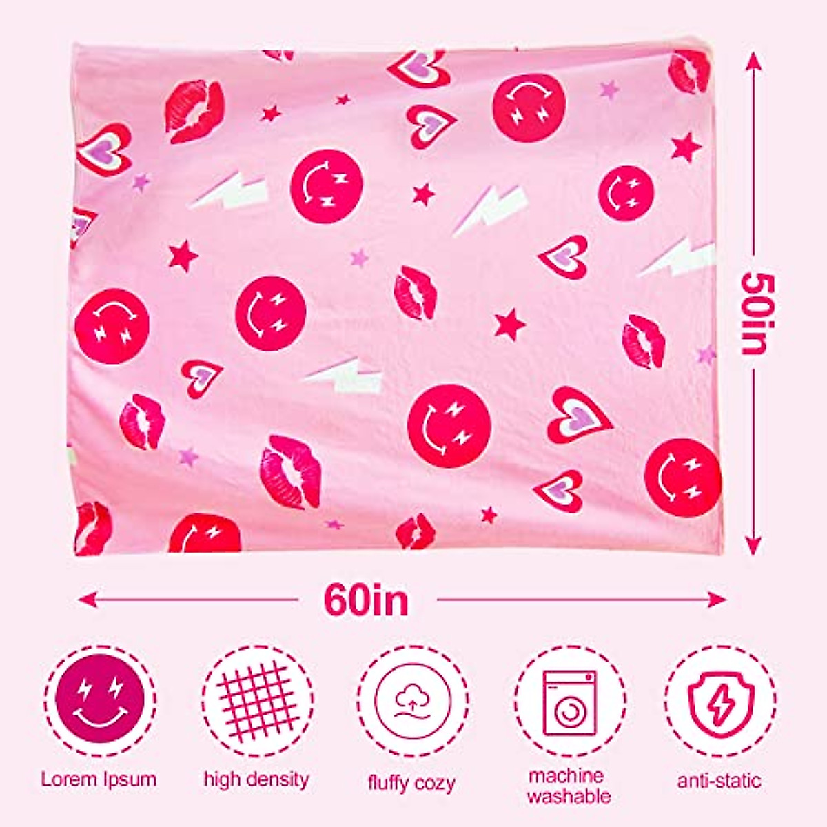 Pink Smile Face Preppy Throw Blanket Super Soft Lightweight Cute Flanne Plush Cozy Fuzzy Preppy Blanket Warm Bedding Stuff Room Decor for Home Dormitory Couch Bed Sofa 50 x 60 Inch
