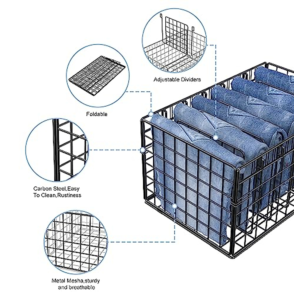 Retreat & Renew 2 Pack Metal Wardrobe Clothes Organizer,Drawer Organizers for Clothing,Closet Separation Storage Box for Underwear, Tops,Shirts,Jeans, Adjustable & Removable Dividers,Sturdy, (Black)