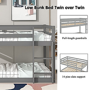 Bunk Beds Twin Over Twin, Wood Kids Low Bunk Bed with Guard Rails, Ladder for Young Children Boys Girls Dormitory Bedroom, No Box Spring Needed (Grey)