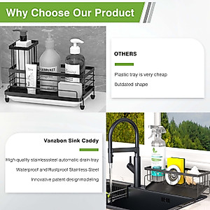 VANZBON Sponge Holder Kitchen Sink for Kitchen Sink, with Stainless Steel Auto Drain Tray,Self Drain Dish Soap Sponge Caddy Rack for Kitchen Countertop Storage Gadgets Accessories, Grey