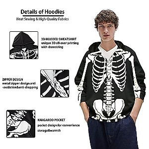 uideazone Men's Halloween Costume Skeleton Skull 3D Graphic Printing Zip up Hooded Sweatshirt Jacket Coat for Winter Casual Party