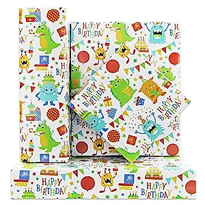 Happy Birthday Little Monsters Wrapping Paper Set of 4 Sheets Folded Flat 20x28 inches Per Sheet For Boys Kids Girls Men Women, Colorful Gift Wrap Paper For all Birthday Party Baby Shower Kindergarten Celebrating Occasions