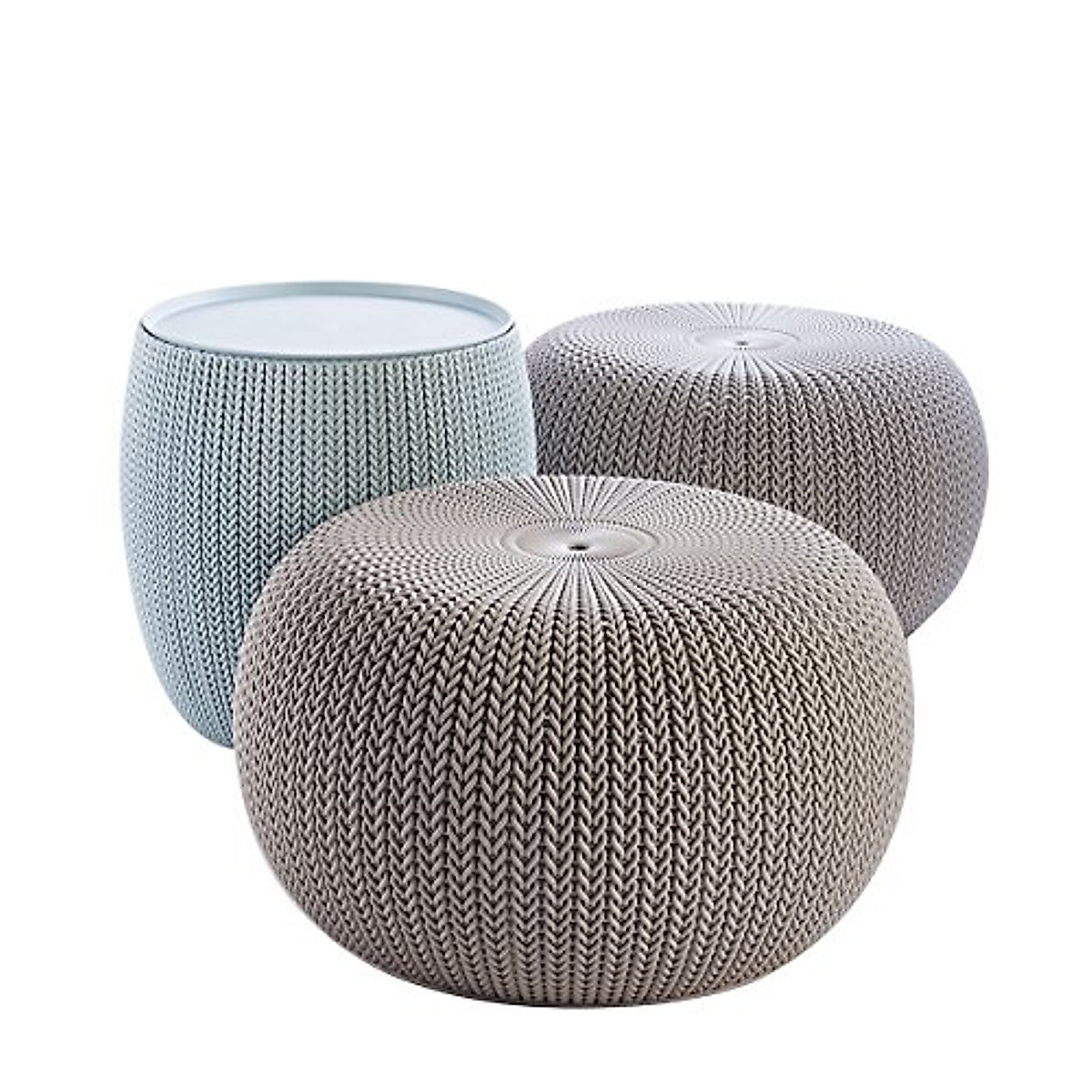 Keter Urban Knit Pouf Ottoman Set of 2 with Storage Table for Patio and Room Décor - Perfect for Balcony, Deck, and Outdoor Seating, Misty Blue & Taupe