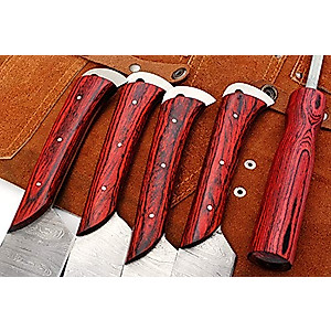 MK-5022 Damascus Chef Knife/Kitchen knife Set of 5 Pieces Professional Japanese Style BBQ Knife Set Custom Handmade Carbon Steel with Red and Brown Pakkawood Handle with Leather Sheath Cover.