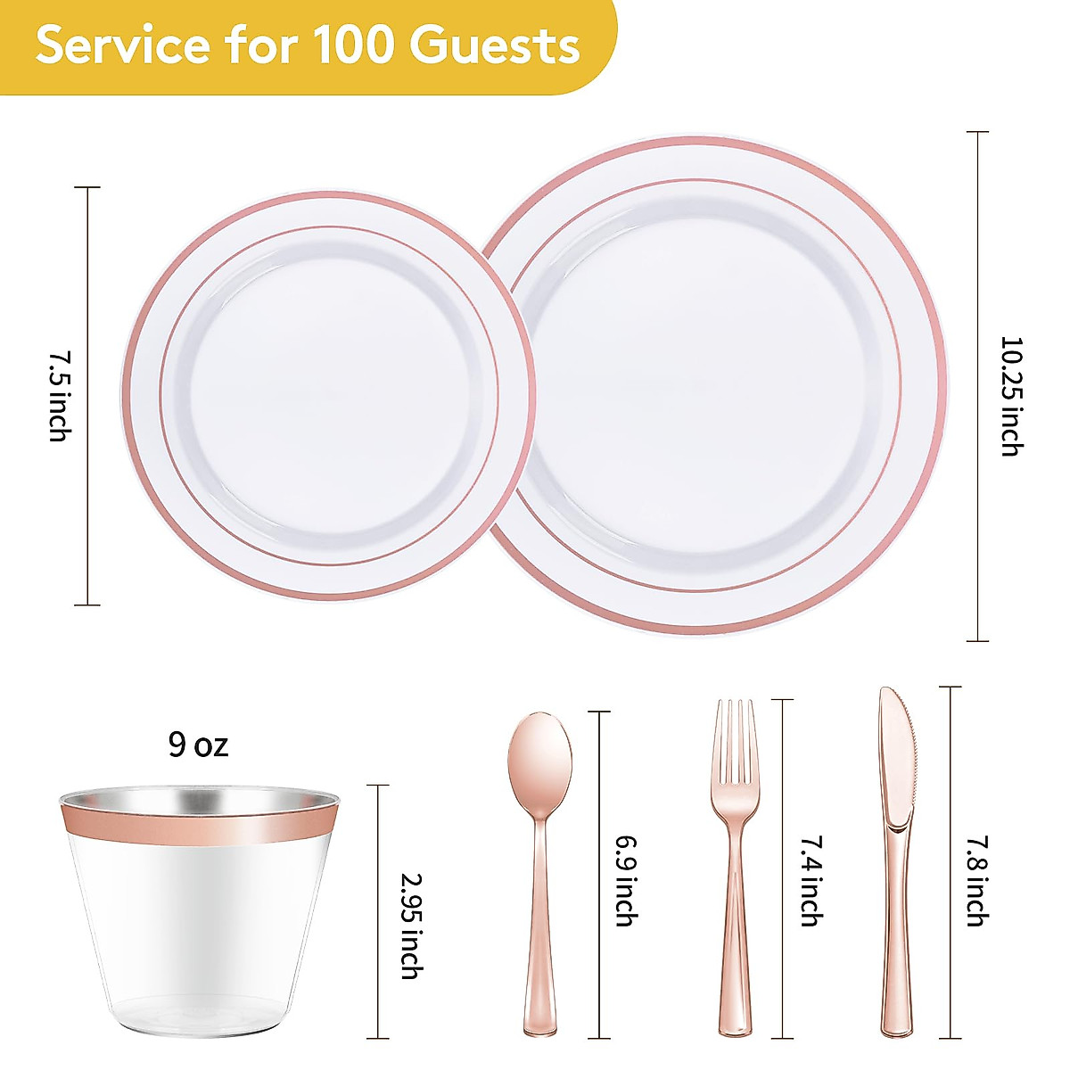 Goodluck 600 Pieces Rose Gold Disposable Plates for 100 Guests, Plastic Plates for Party, Wedding, Dinnerware Set of 100 Dinner Plates, 100 Salad Plates, 100 Spoons, 100 Forks, 100 Knives, 100 Cups