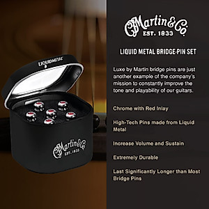 Martin Guitar LUXE by Martin Acoustic Guitar Bridge Pins, Acoustic Guitar Bridge-Pin Set, Chrome with Red Inlay, 6 Pins Per Pack