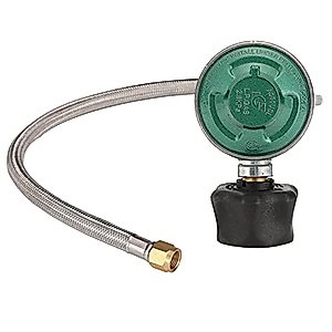 IGT Gas Regulator | 2 feet Stainless Steel Braided Hose Propane Regulator (70000 BTU) for Barbecue Grill, Camping Stove, Patio Heater, Fish Cooker & Other Small Gas Appliances, 2 ft, QCC-1, LPG, GREEN