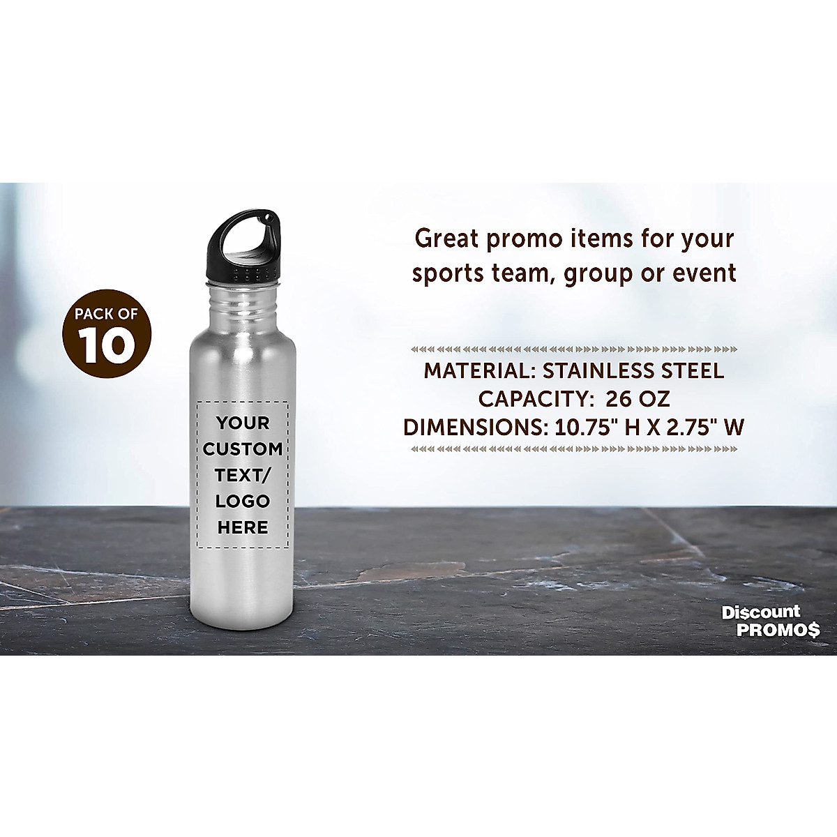 DISCOUNT PROMOS Custom Stainless Steel Water Bottles 26 oz. Set of 10, Personalized Bulk Pack - Reusable, Leak Proof, Perfect for Gym, Hiking, Camping, Outdoor Sports - Silver