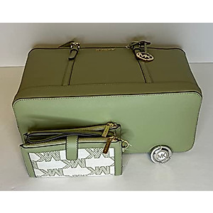 Michael Kors Jet Set Travel Large TZ Shoulder Tote bundled with Double Zip Wristlet and Purse Hook (Light Sage/MK)