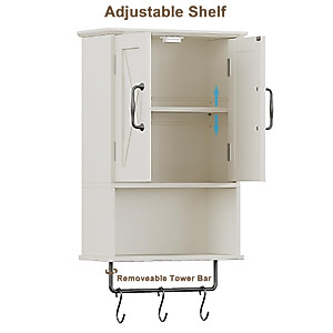 ChooChoo Farmhouse Medicine Cabinet, Bathroom Wall Cabinet with Adjustable Shelf, Towel Bar, 3 Hooks, Over The Toilet Storage Cabinet for Bathroom, Kitchen, White