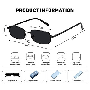 Fozono Rectangle Sunglasses for Women 90s Retro Small Narrow Square Frame UV400 Protection(Black Frame Gray Lens)