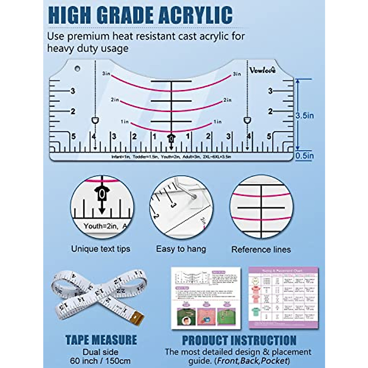 Tshirt Ruler Guide for Vinyl Alignment, T Shirt Rulers to Center Designs, Alignment Tool with Soft Tape Measure, Craft Sewing Supplies Accessories Tools for Heat Press HTV Heat Transfer Vinyl