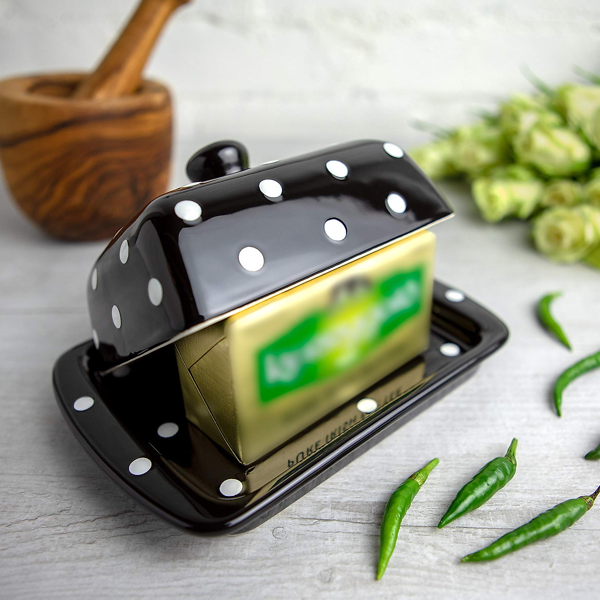 Handmade Ceramic European Covered Butter Dish With Lid | Unique Black and White Polka Dot Pottery Butter Keeper | Housewarming Gift by City to Cottage