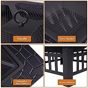 Fire Pit Outdoor Fire Pits with Heat-Resistant Coating Iron Tabletop Outdoor Wood Burning with Spark Screen Cover and Poker
